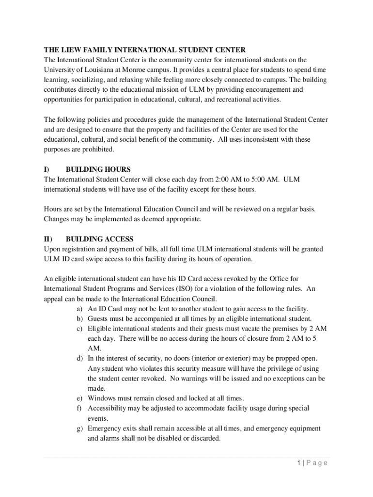 Fillable Online The Liew Family International Student Center Policies ...