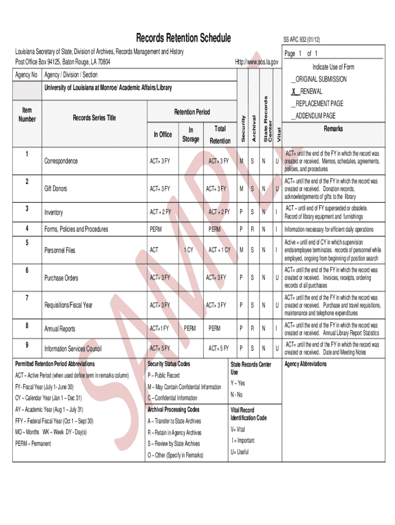 Fillable Online Records Retention Schedule - University of Louisiana ...