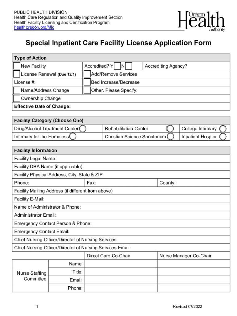 Fillable Online Special Inpatient Care Facility License Application ...