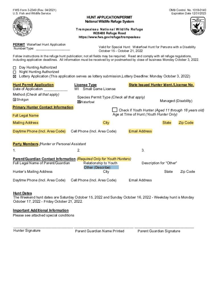 Fillable Online HUNT APPLICATION/PERMIT National Wildlife Refuge System ...
