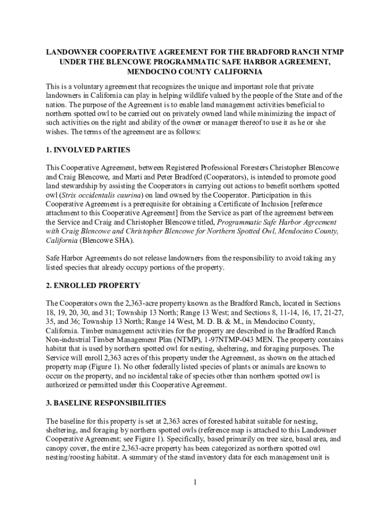 Fillable Online LANDOWNER COOPERATIVE AGREEMENT FOR THE BRADFORD RANCH NTMP UNDER THE ... Fax ...
