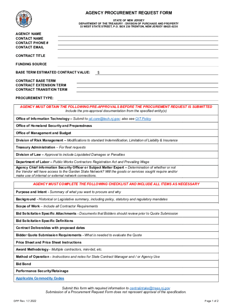 Fillable Online nj.govtreasurynjombudsmanAGENCY PROCUREMENT REQUEST ...