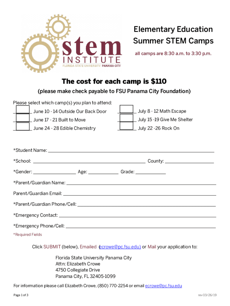 Fillable Online pc fsu Elementary Education Summer STEM Camps ...