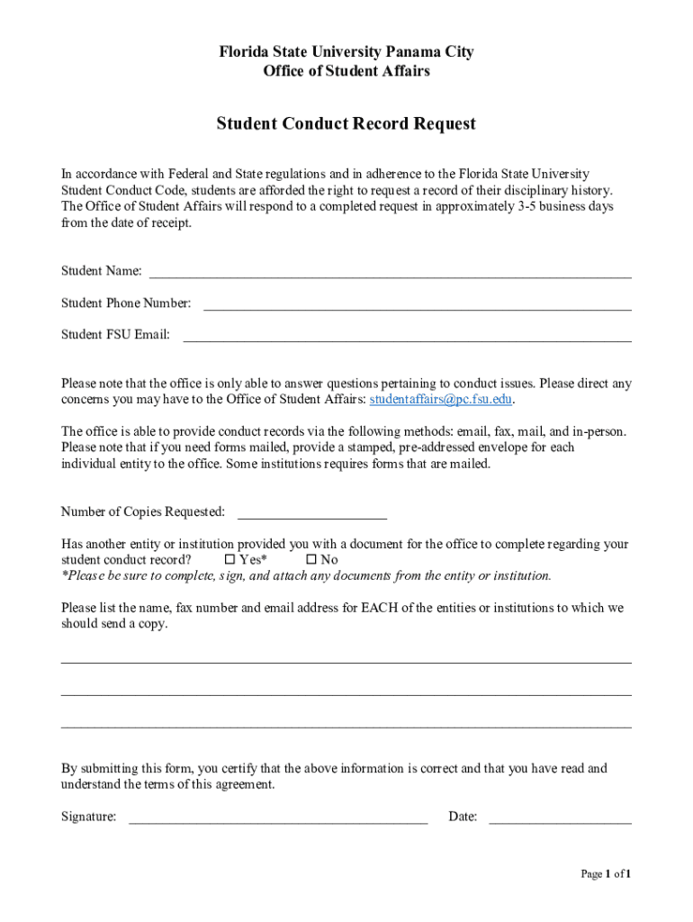 Fillable Online pc fsu Student Conduct Record Request - FSU Panama City ...
