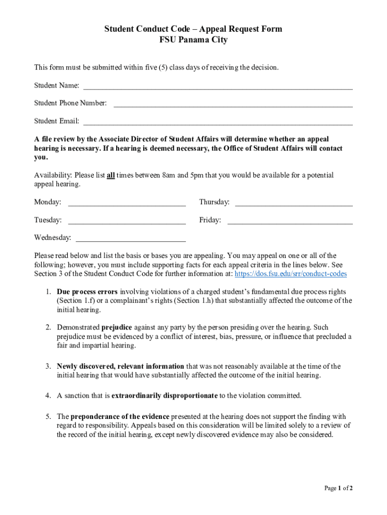 Fillable Online pc fsu Student Conduct Code Appeal Request Form FSU ...