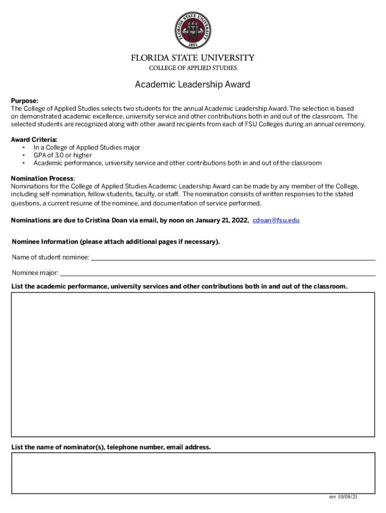 Fillable Online pc fsu College of Applied Studies Academic Leadership Award.pdf. Fillable form ...