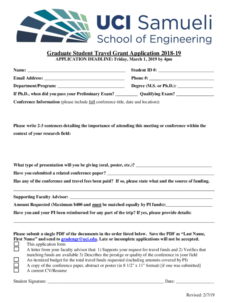 Fillable Online engineering uci Graduate Student Travel Grant Application 2018-19 - UCI Fax ...
