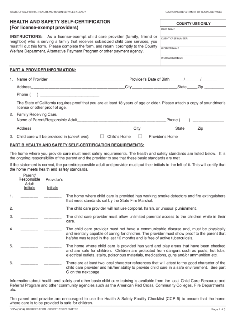 Fillable Online cdss ca HEALTH AND SAFETY SELF-CERTIFICATION (For ...