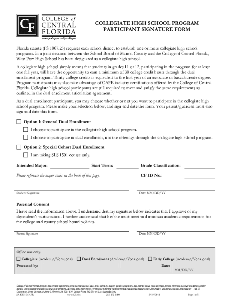 Fillable Online pr cf collegiate high school program participant ...