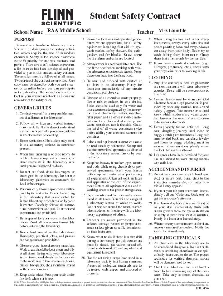 Fillable Online science lab safety contracts for middle school ...