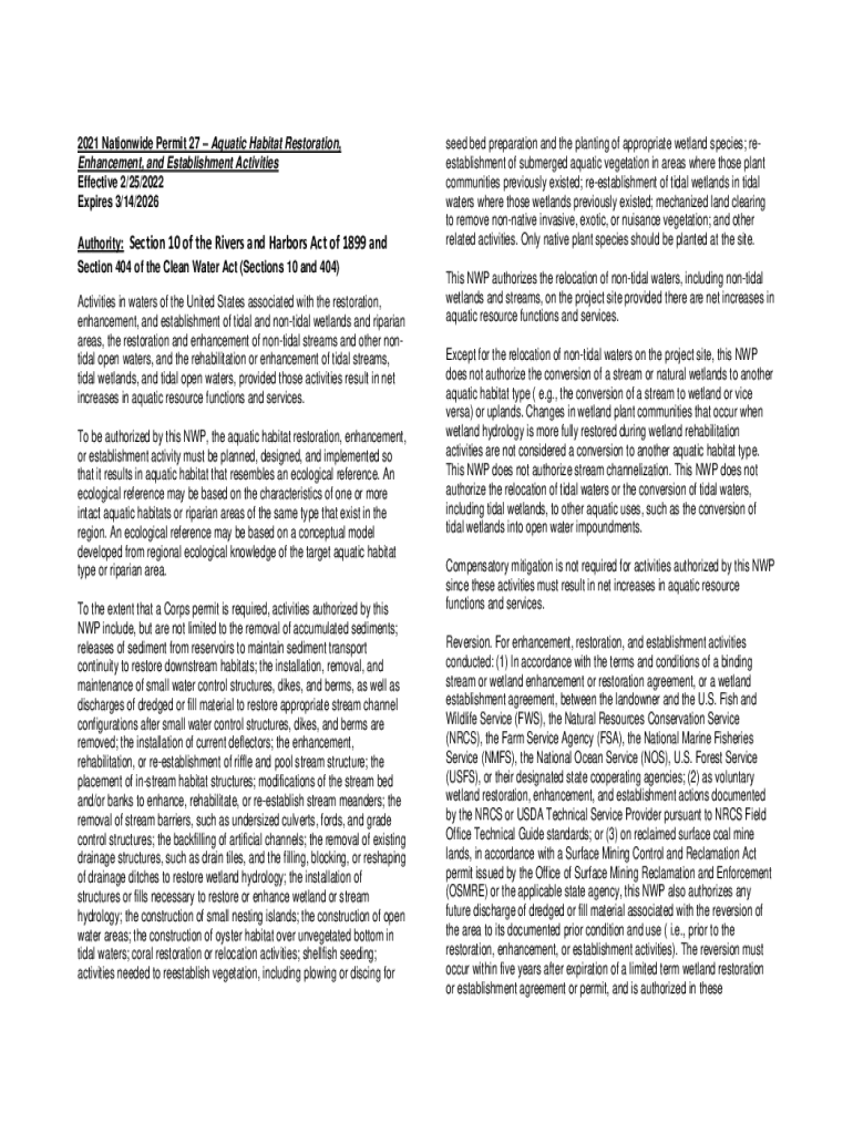 Fillable Online www.swt.usace.army.milPortals41Nationwide Permit 27 ...