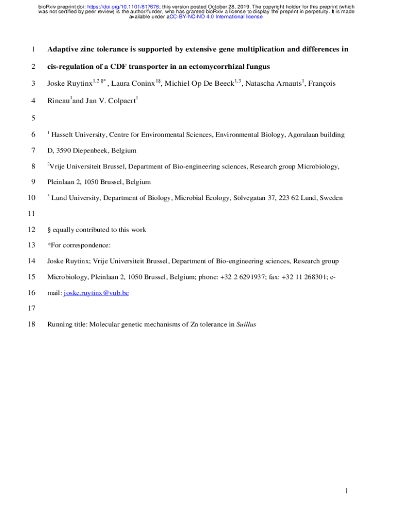 Fillable Online 1 Adaptive zinc tolerance is supported by extensive gene ... Fax Email Print ...