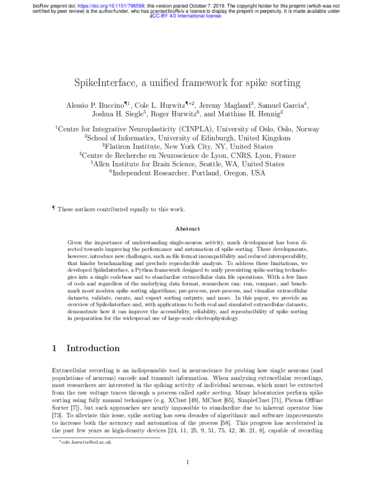 Fillable Online Spikeinterface A Unified Framework For Spike Sorting