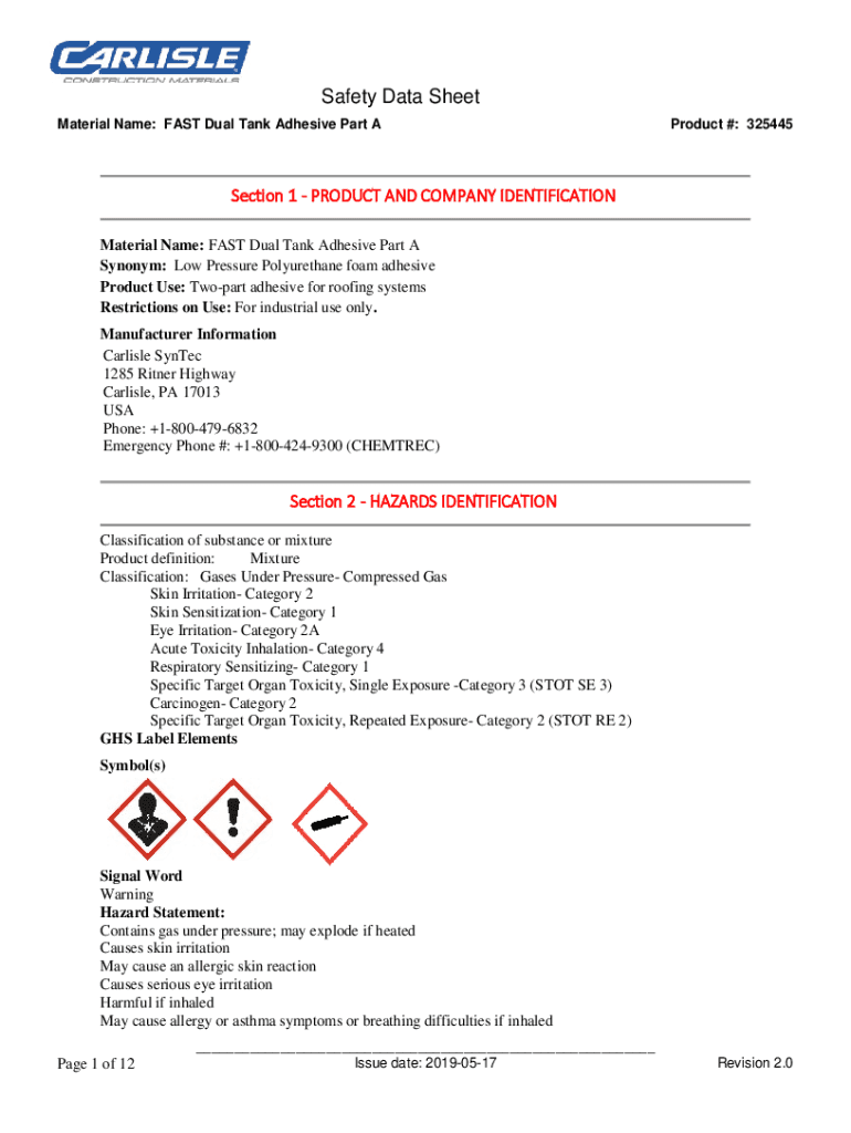 Fillable Online FAST Dual Tank Adhesive - SDS. SDS for FAST Dual Tank ...