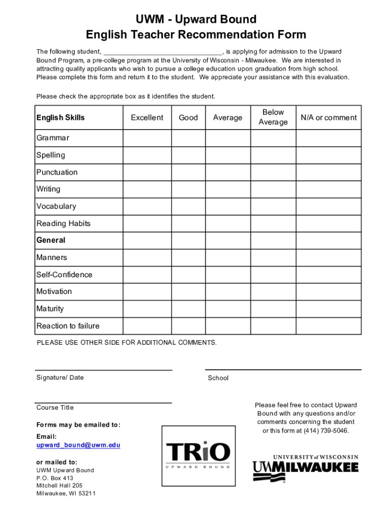 Fillable Online UWM - Upward Bound English Teacher Recommendation Form Fax Email Print - pdfFiller
