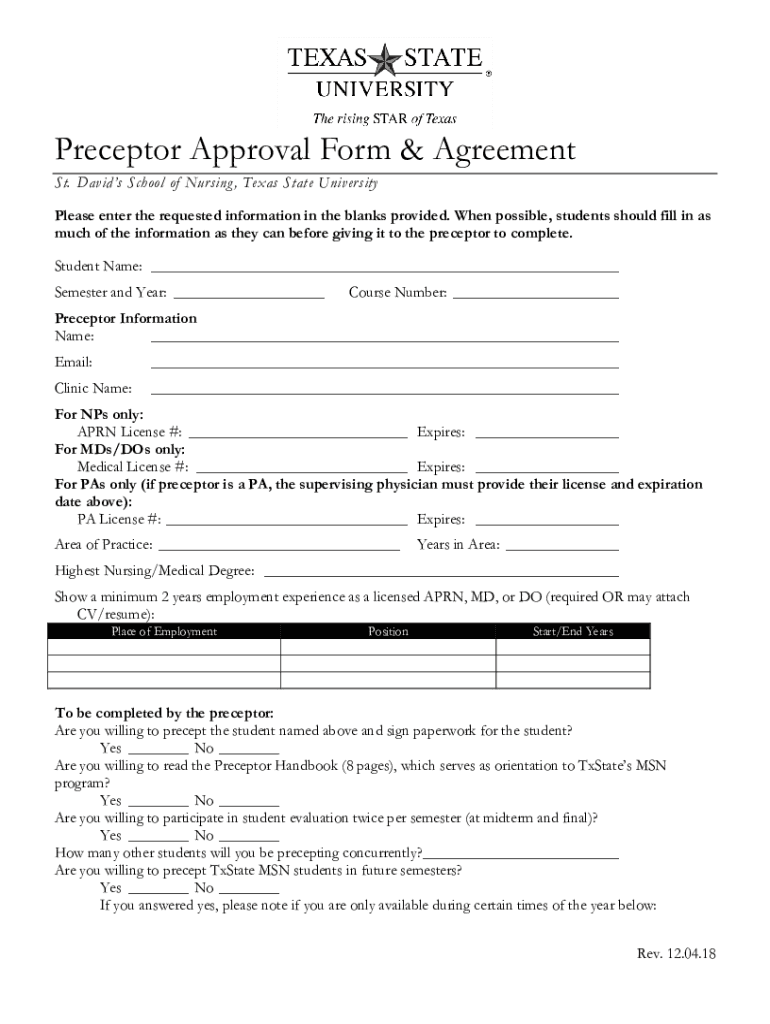 Fillable Online gato-docs its txstate Preceptor Approval Form ...