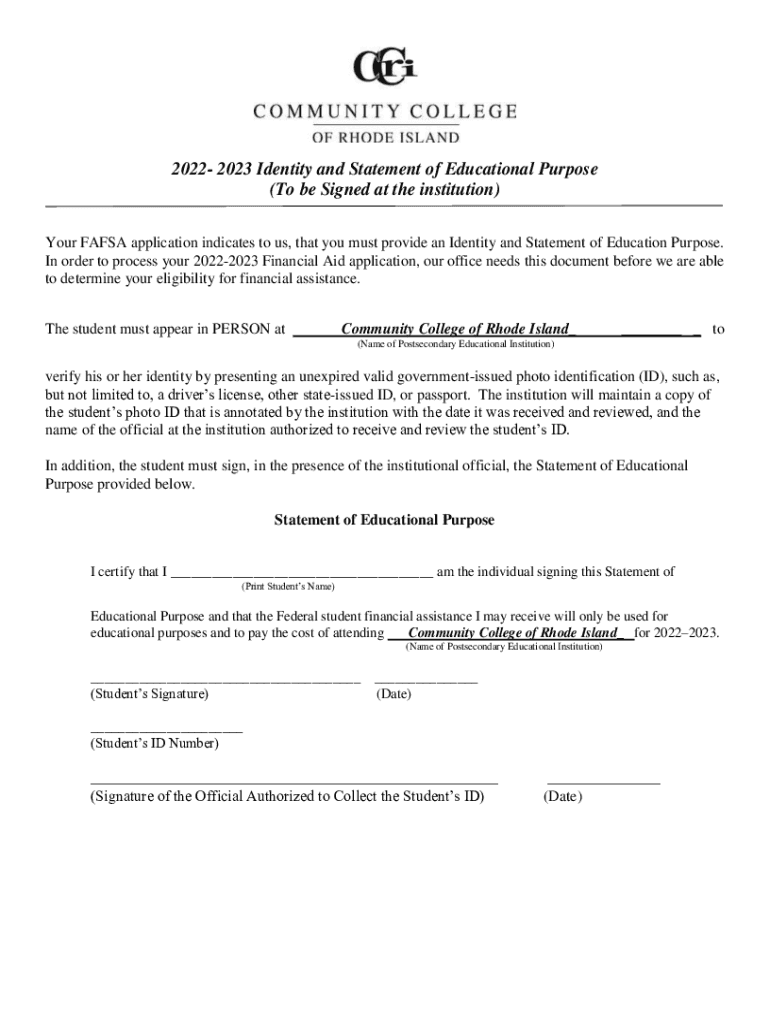 Fillable Online 2022 2023 Identity and Statement of Educational Purpose (To be Signed ... Fax ...