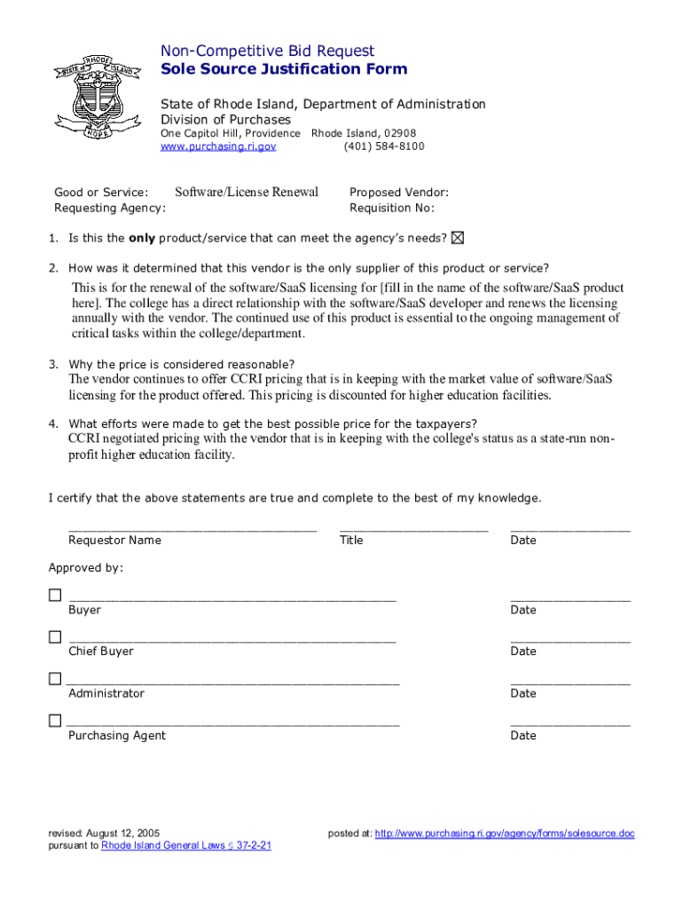 Fillable Online Non-Competitive Bid Request Sole Source Justification Form Fax Email Print ...