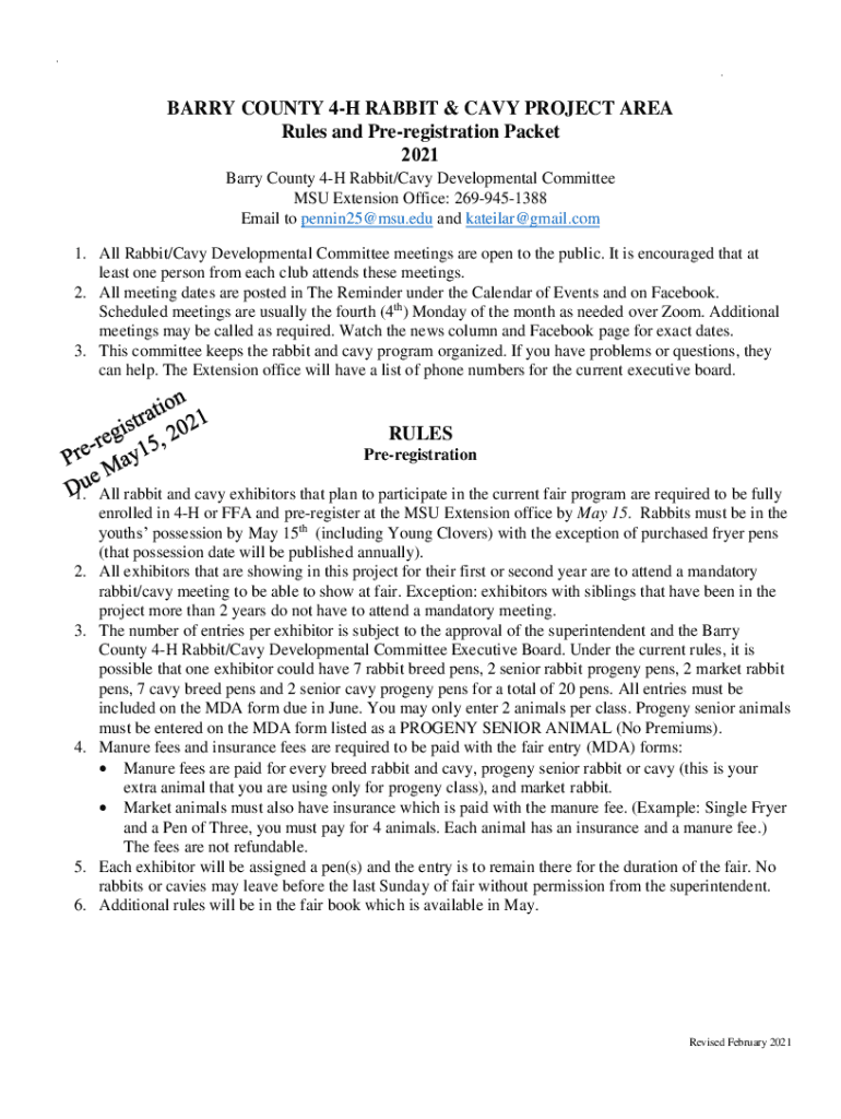 Fillable Online BARRY COUNTY 4-H RABBIT & CAVY PROJECT AREA Rules and ...