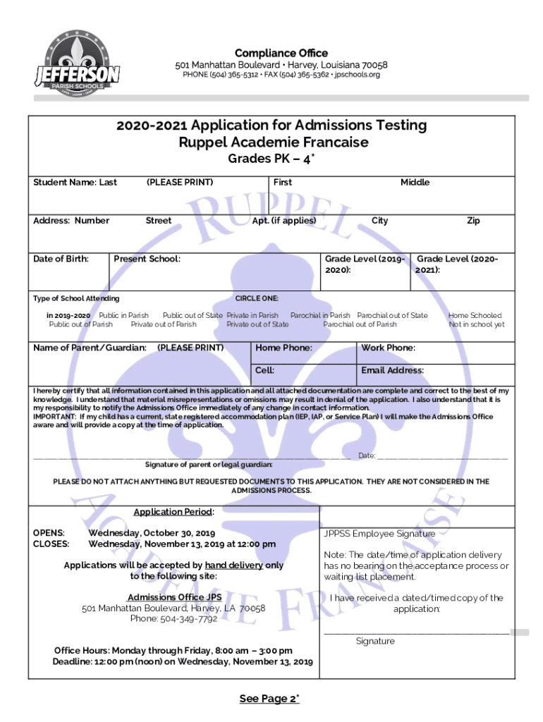 Fillable Online Ruppel Academie Francaise - Jefferson Parish Public ...