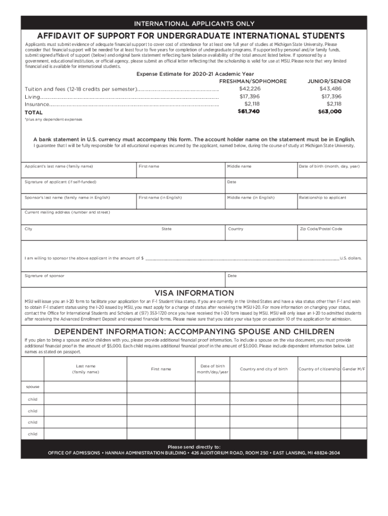 Fillable Online admissions msu 2021 Form Michigan State University Affidavit of Support for ...