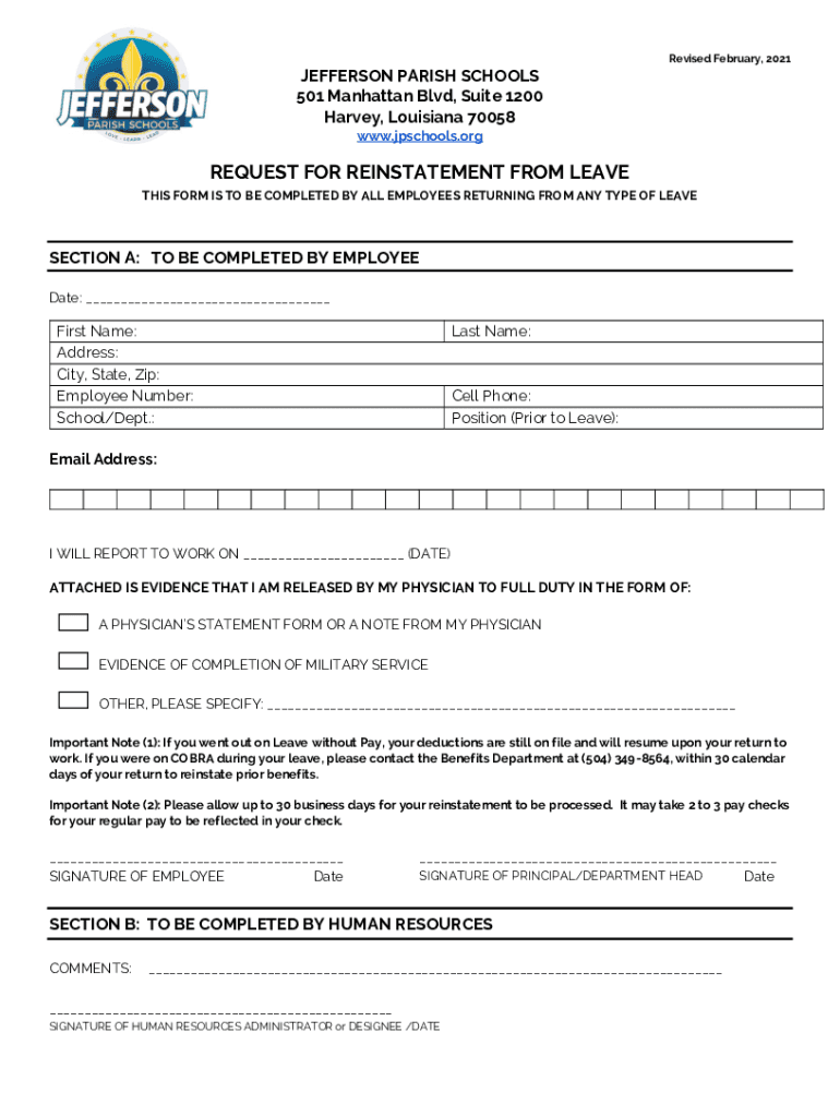 Fillable Online REQUEST FOR REINSTATEMENT FROM LEAVE Fax Email Print - pdfFiller
