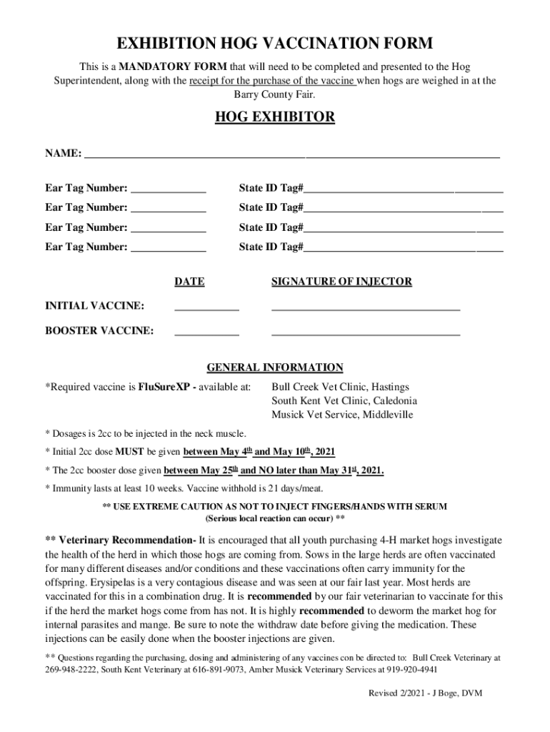 Fillable Online EXHIBITION HOG VACCINATION FORM Fax Email Print - pdfFiller