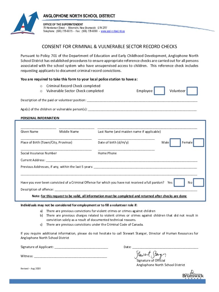 Fillable Online www2 gnb CONSENT FOR CRIMINAL & VULNERABLE SECTOR RECORD CHECKS - gnb.ca Fax ...