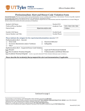 Fillable Online Professionalism Alert and Honor Code Violation Form Fax ...