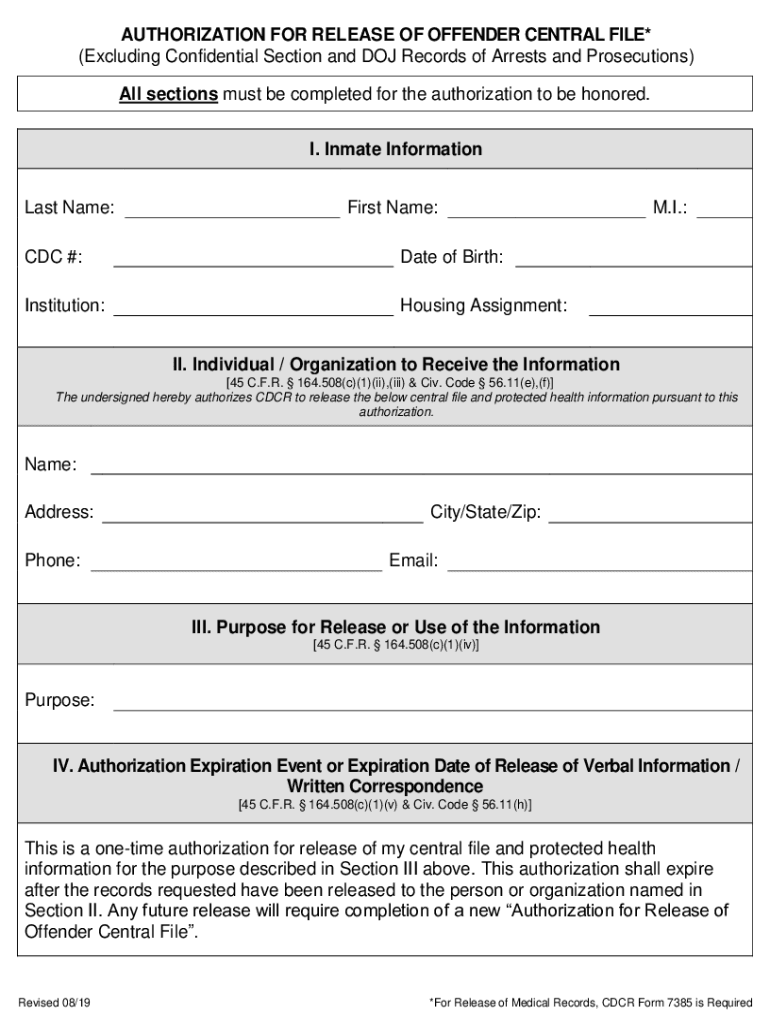 Fillable Online Authorization For Release Of Offender Central File - Fill and Sign ... Fax Email ...