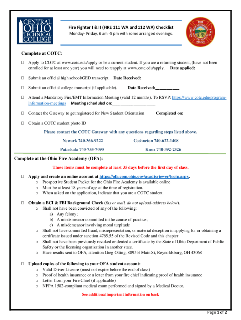 Fillable Online Fire Fighter I & II (FIRE 111 WA and 112 WA) Checklist Monday- Friday ... Fax ...
