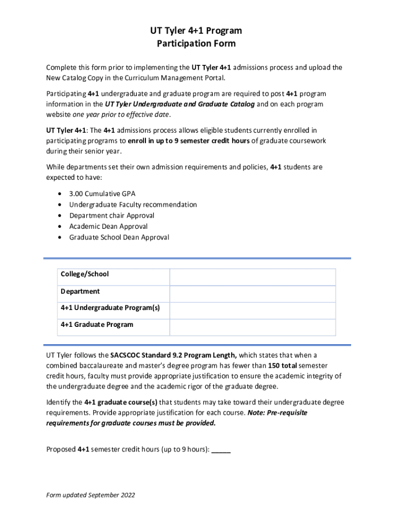 Fillable Online UT Tyler 4+1 Program Participation Form Fax Email Print - pdfFiller