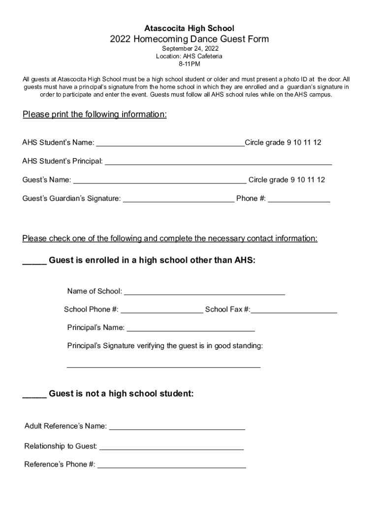 Fillable Online Atascocita High School - 2022 Homecoming Dance Guest ...