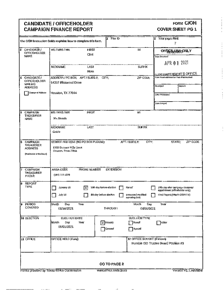 Fillable Online Candidate/ Officeholder Campaign Finance Report: Form Cover Sheet PG ... Fax ...