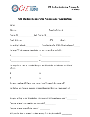 Fillable Online CTE Student Leadership Ambassador Application - Humble ...