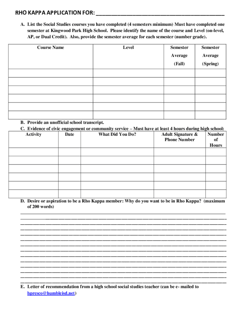 Fillable Online RHO KAPPA APPLICATION FOR - Humble ISD Fax Email Print ...