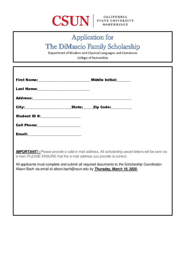 Fillable Online Application for The DiMascio Family Scholarship - CSUN Fax Email Print - pdfFiller