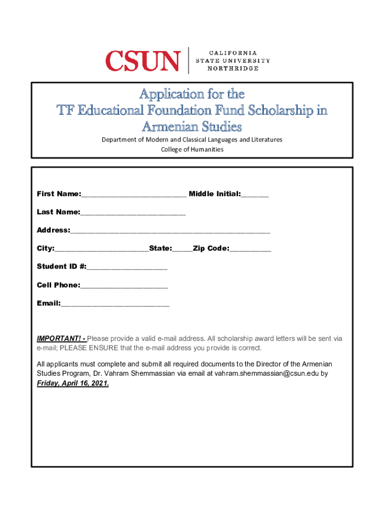 Fillable Online Application for the TF Educational Foundation Fund ...