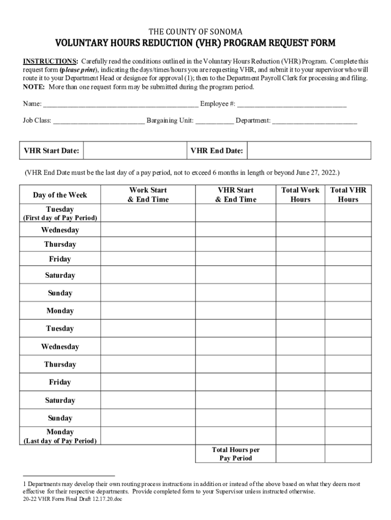 Fillable Online VOLUNTARY HOURS REDUCTION (VHR) PROGRAM REQUEST FORM ...