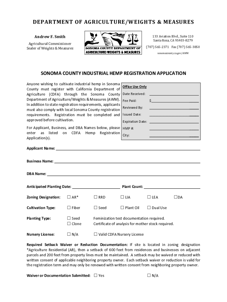 Fillable Online Sonoma County Industrial Hemp Registration Application ...