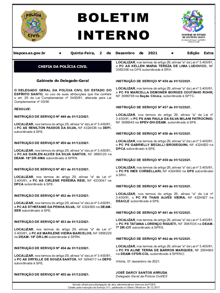 Fillable Online BOLETIM INTERNO ELETRNICO DA POLCIA CIVIL DO ESTADO DO ...