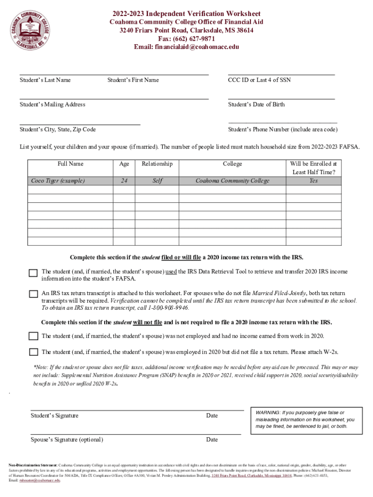 Fillable Online Independent Verification Worksheet (22-23) Fax Email ...