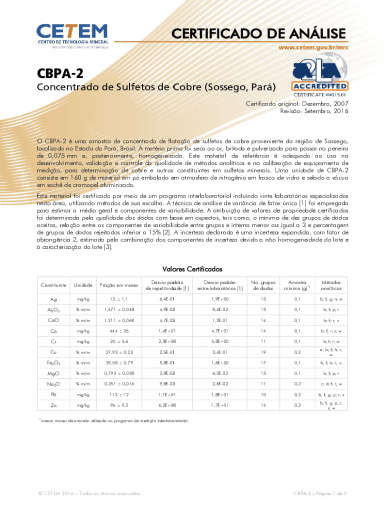 Fillable Online CBPA A-2 C CERTI FICAD DO D E AN LISE - CETEM Fax Email ...