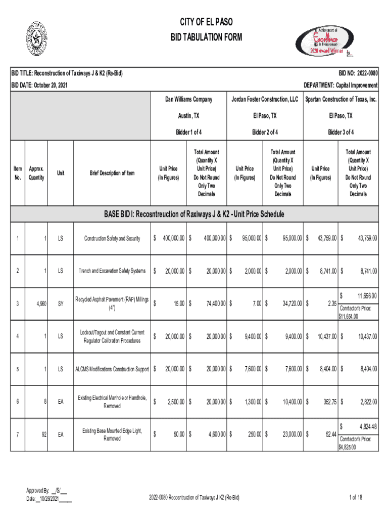 Fillable Online City of El Paso Bid Tabulation Fax Email Print - pdfFiller