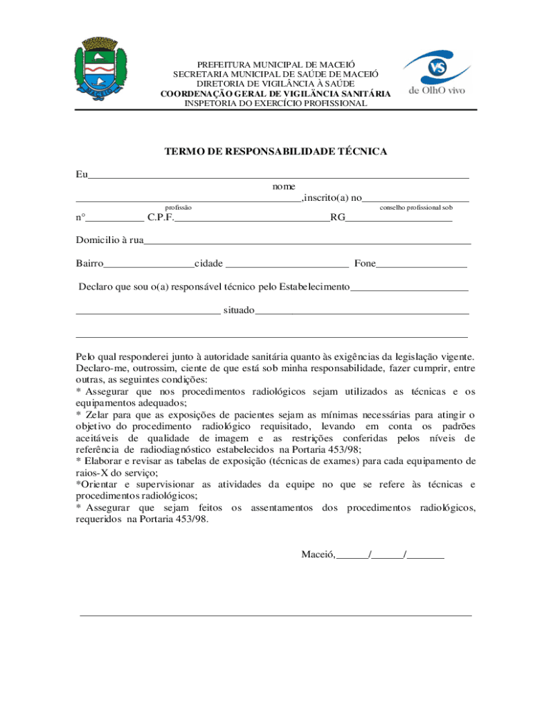 Fillable Online maceio al gov Termo de Responsabilidade Tcnica - Prefeitura de Macei Fax Email ...