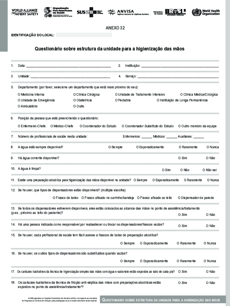 Fillable Online Questionrio sobre estrutura da unidade para a higienizao das mos Fax Email Print ...