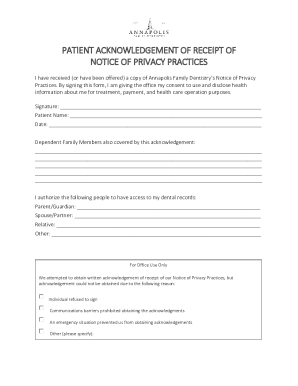 Fillable Online PATIENT ACKNOWLEDGEMENT OF RECEIPT OF NOTICE OF PRIVACY ...
