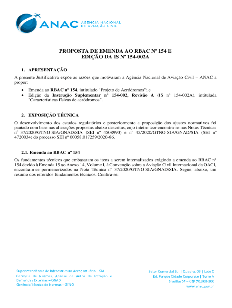 Preenchível Disponível PROPOSTA DE EMENDA AO RBAC N 154 E EDIO DA IS N 154-002A - gov Fax Email ...
