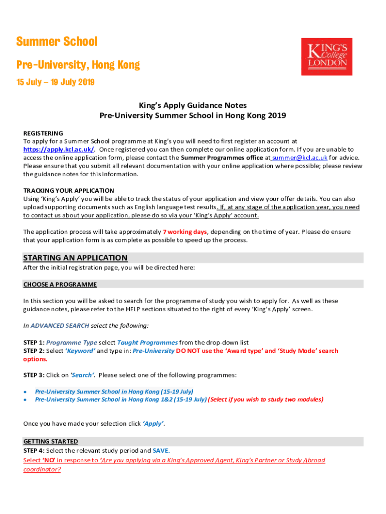Fillable Online Summer School - Pre-University, Hong Kong - King's College London Fax Email ...