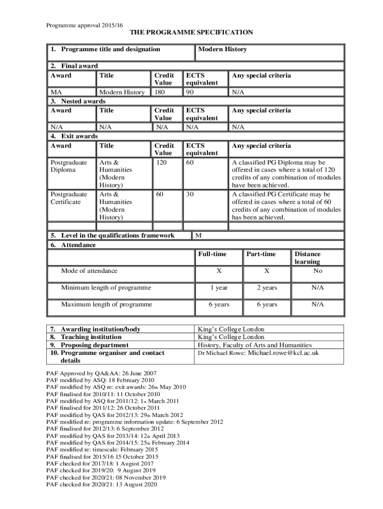 Fillable Online MA Modern History - PROGRAMME APPROVAL FORM Fax Email Print - pdfFiller
